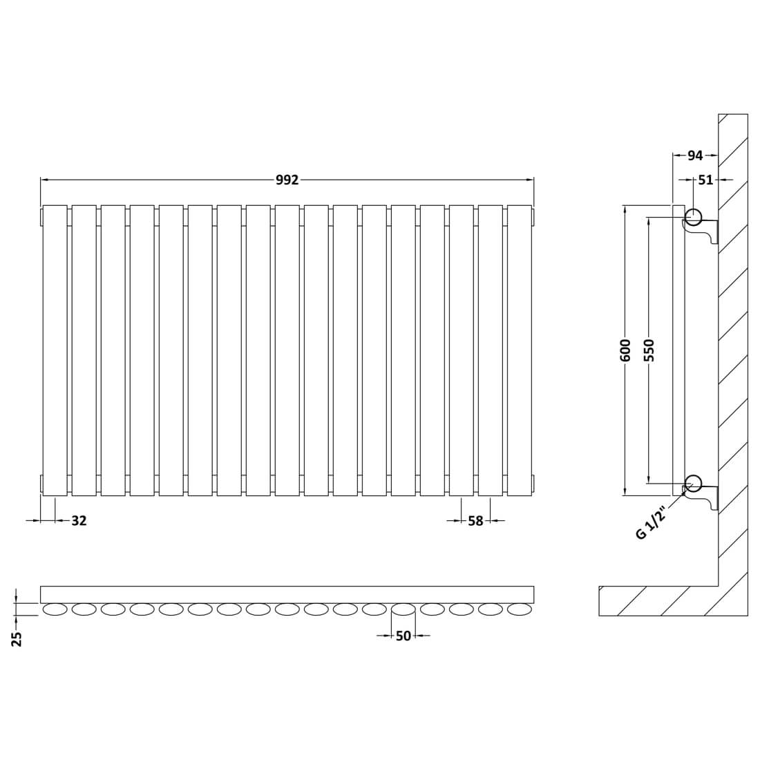 Hudson Reed Revive 600mm High Horizontal Single Panel Radiator - HL337