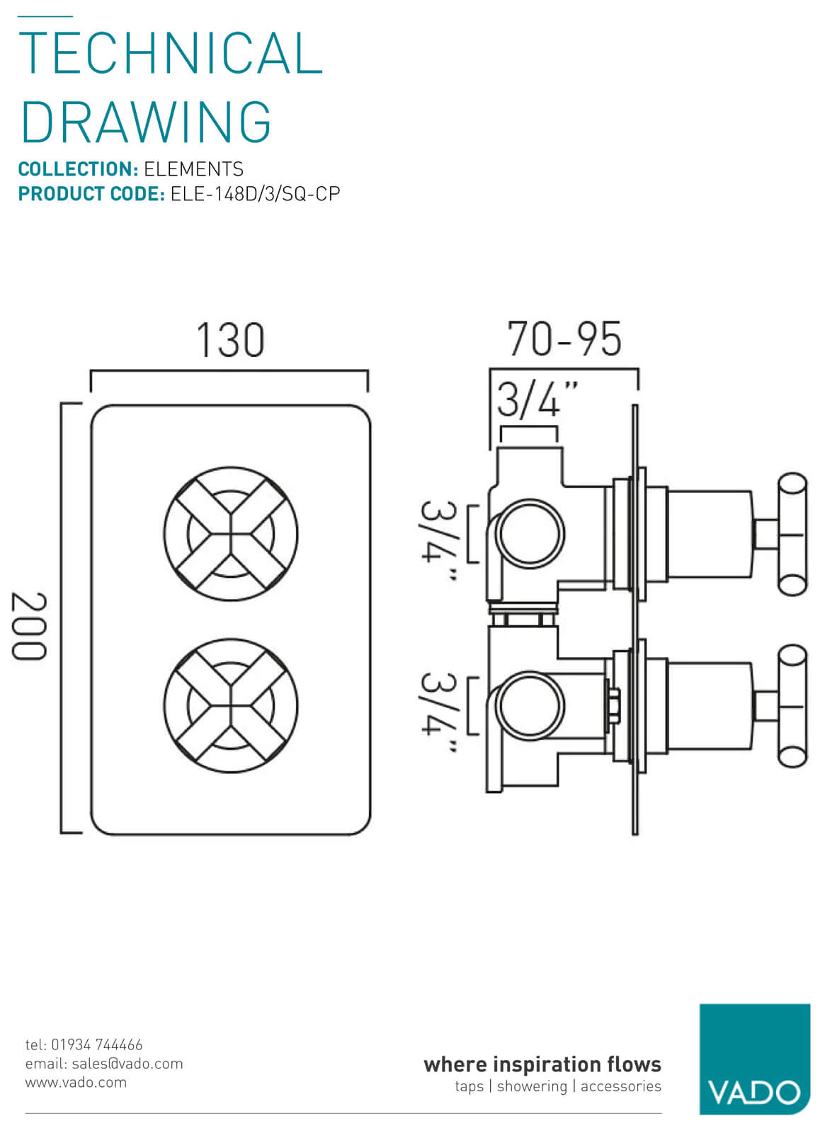 Vado DX Elements 1 Outlet 2 Handle Concealed Chrome Thermostatic Valve
