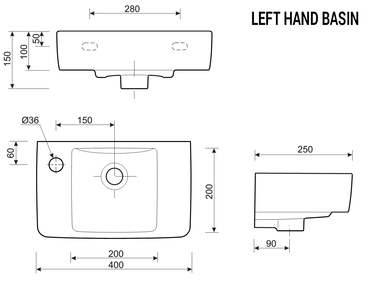 Twyford Sola 1 Tap-Hole 400 x 250mm Square Handrinse Basin