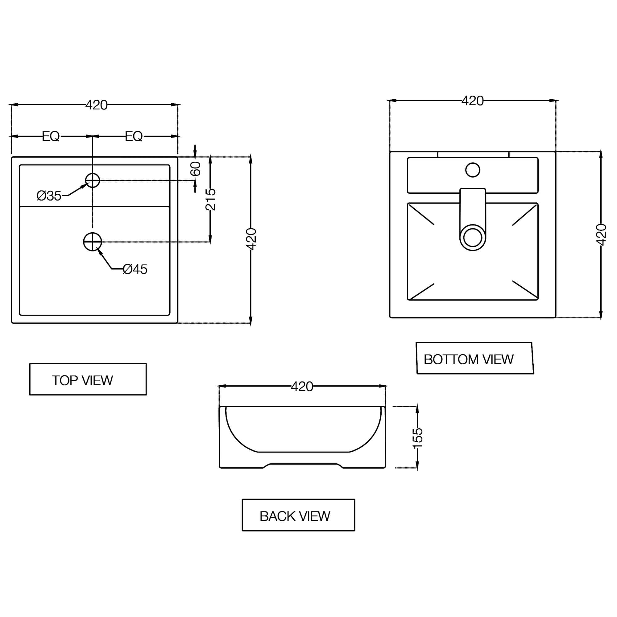 Jaquar Continental Prime White 420mm Square 1 Taphole Countertop Basin