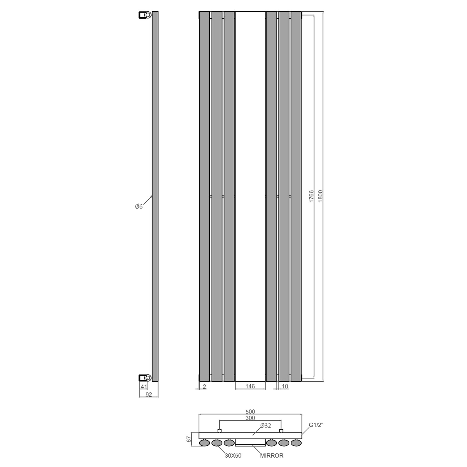 Aqua Bordeaux 500 x 1800mm Vertical Designer Radiator With Mirror ...