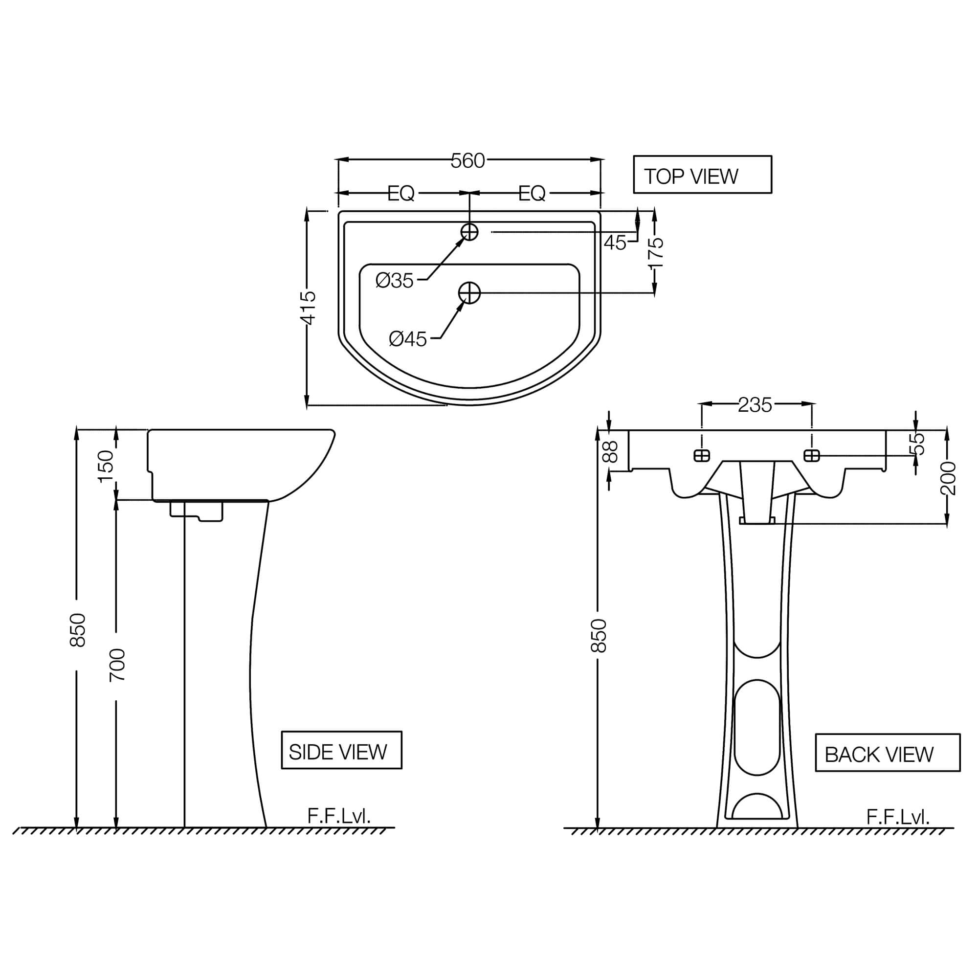 Jaquar Continental Prime White 560mm 1 Taphole Basin With Pedestal