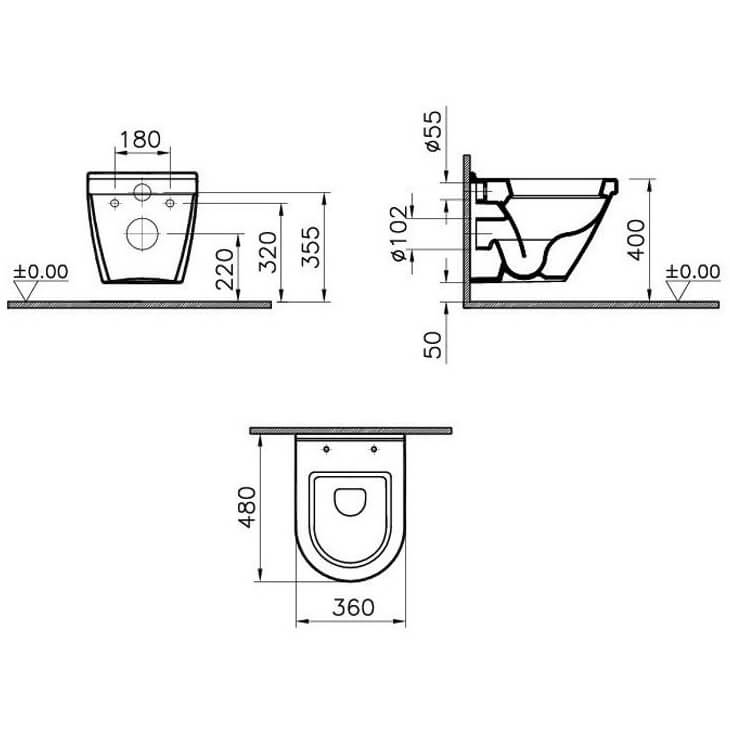 VitrA S50 480mm White Wall-Hung Short Projection WC Pan