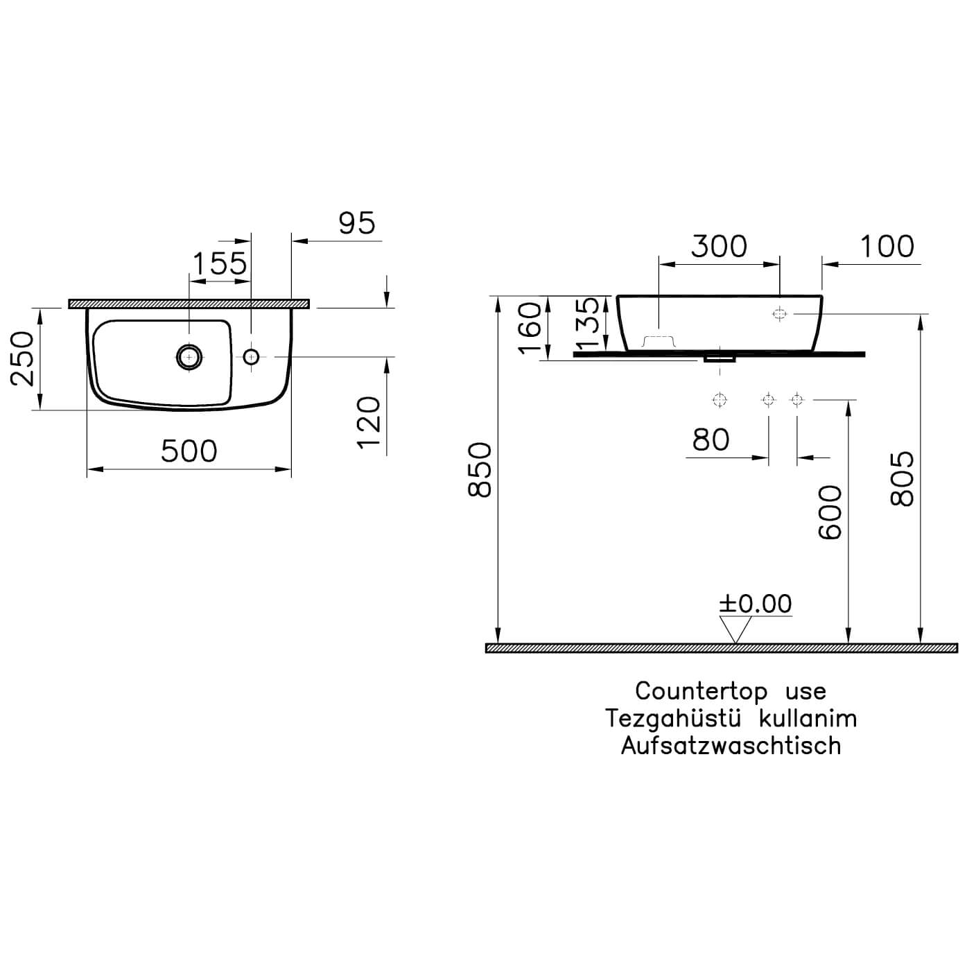 VitrA Shift 500mm 1 Taphole Rectangular White Countertop Basin