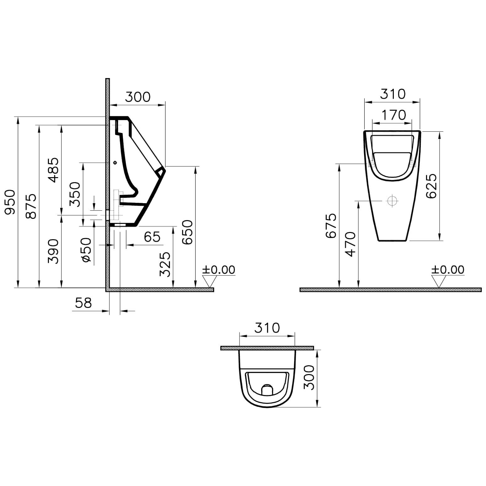 VitrA S20 310 x 625mm White Wall Hung Syphonic Urinal