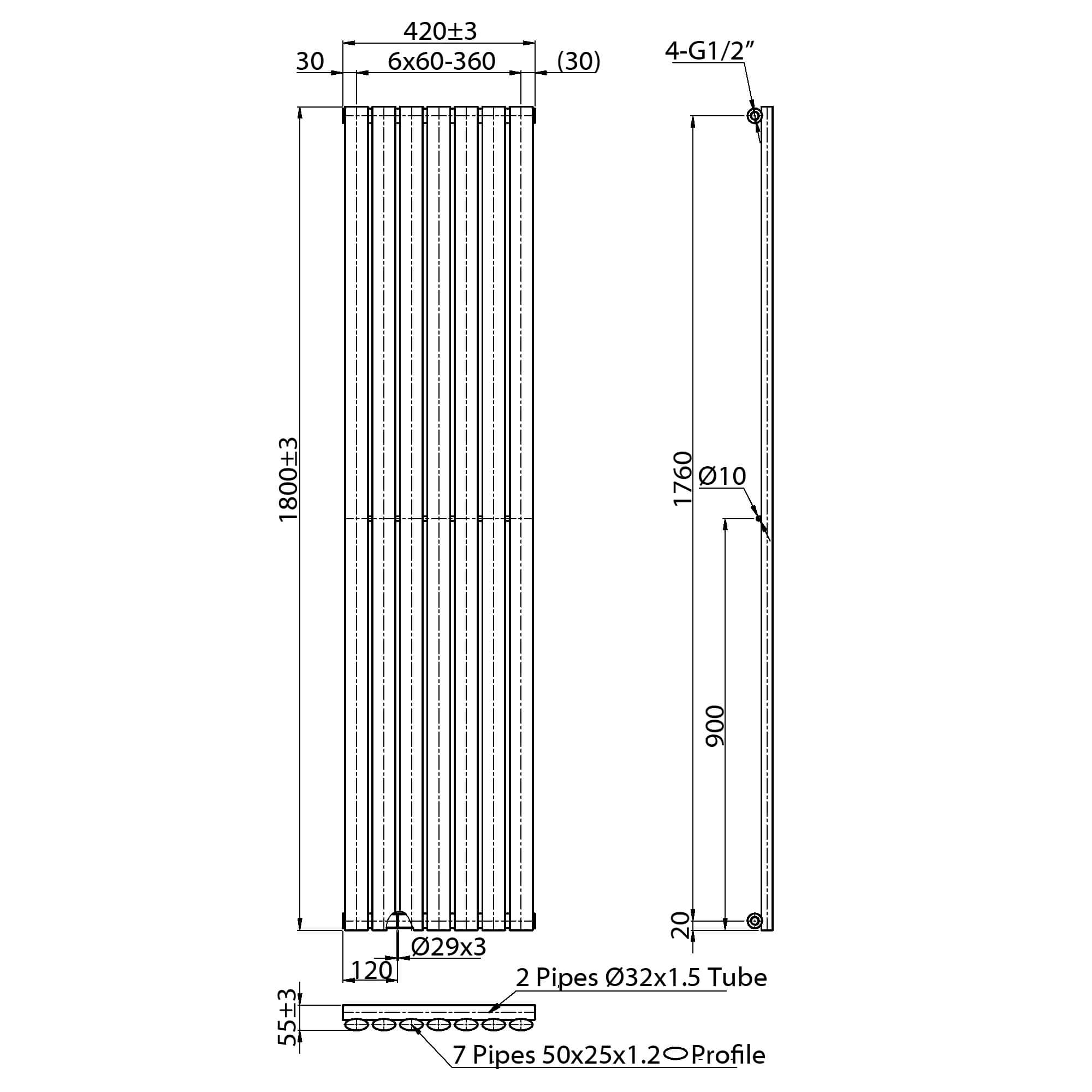 Kartell K-Rad Aspen Vertical Single Panel Anthracite Radiator 1800mm High